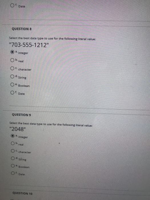 Solved QUESTION 4 Select the best data type to use for the | Chegg.com