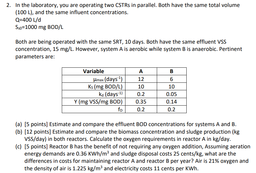 Solved 2. In the laboratory, you are operating two CSTRS in | Chegg.com