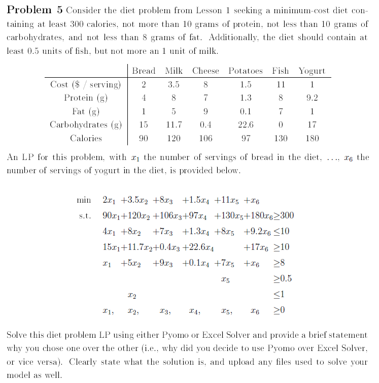 Solved Problem 5 Consider the diet problem from Lesson 1 | Chegg.com
