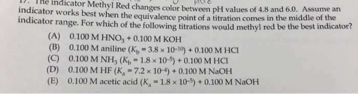 Solved the indicator methyl red changes color between pH | Chegg.com
