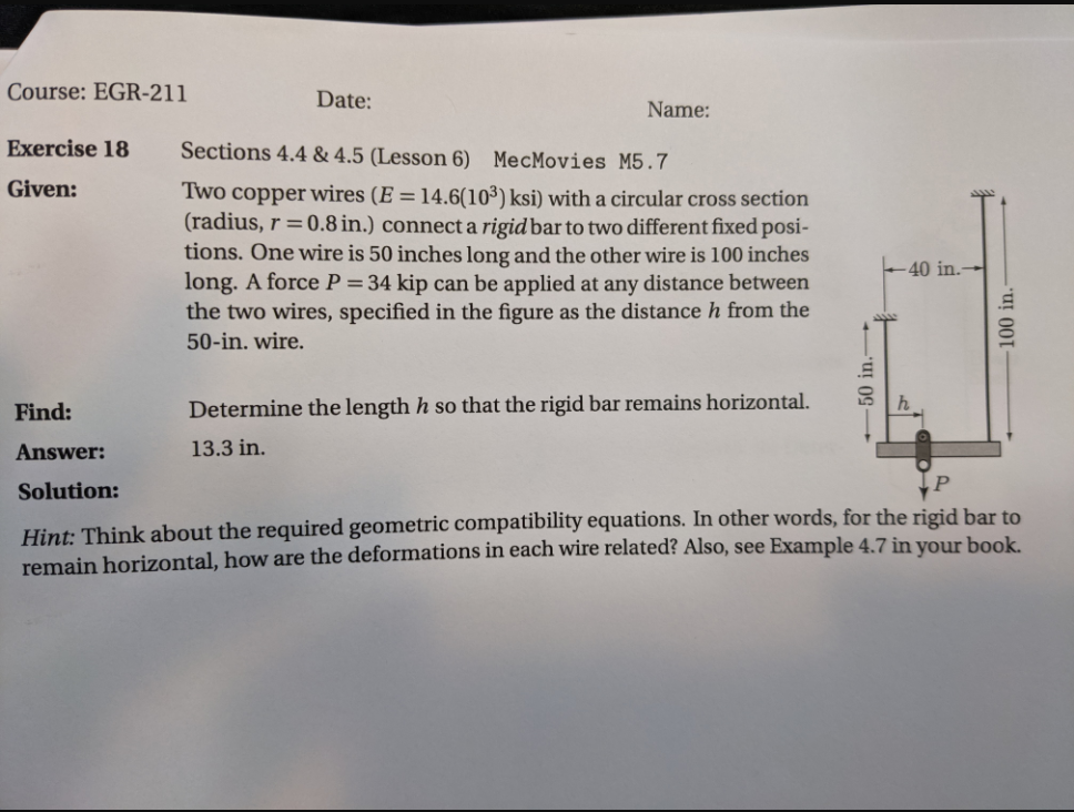 Solved Course: EGR-211 Date: Name: Exercise 18 Given: | Chegg.com