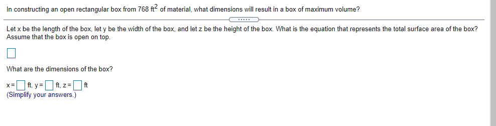 Solved In constructing an open rectangular box from 768 ft | Chegg.com