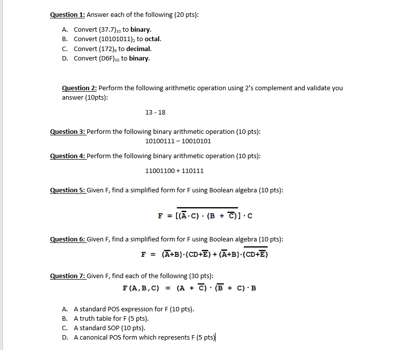 Solved Question 1: Answer each of the following (20 pts): A. | Chegg.com