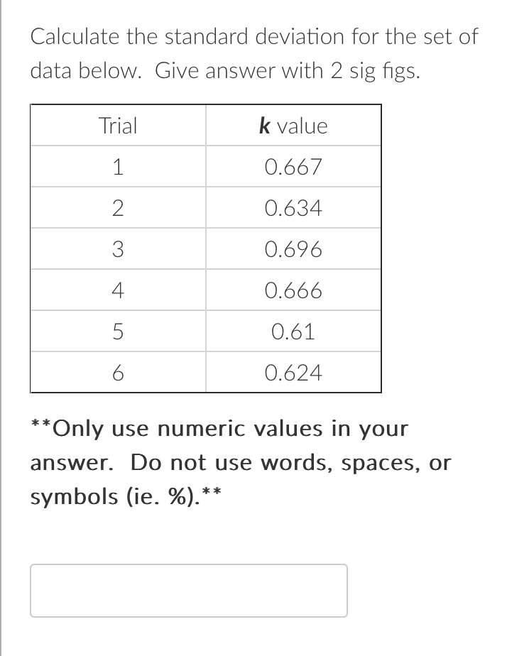Solved Calculate the standard deviation for the set of data | Chegg.com