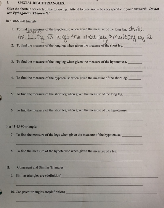 Solved SPECIAL RIGHT TRIANGLES: Give the shortcut for each | Chegg.com
