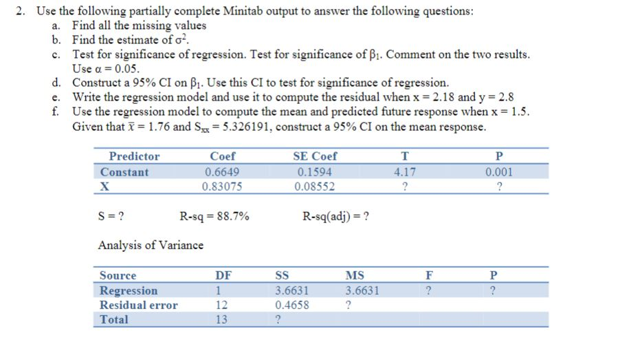Solved 2. Use the following partially complete Minitab | Chegg.com