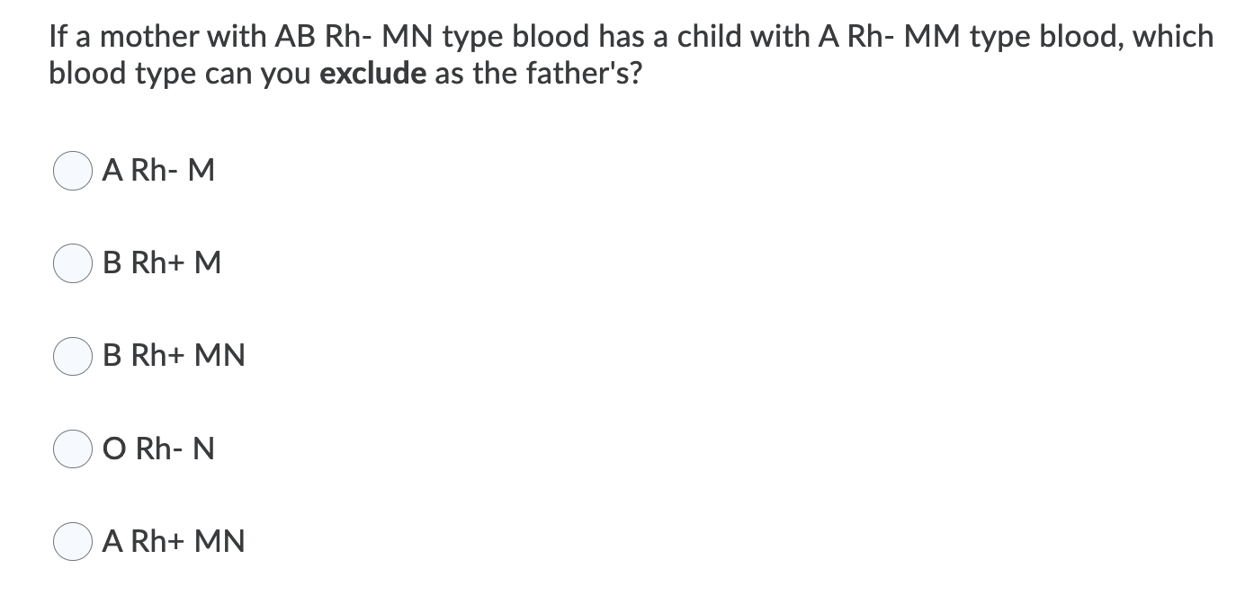 Solved If a mother with AB Rh- MN type blood has a child | Chegg.com