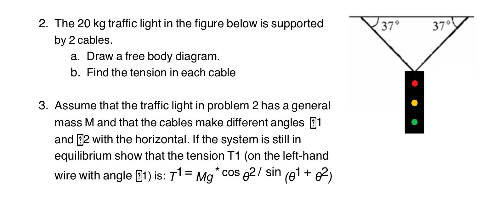 Solved 2. The 20 kg traffic light in the figure below is | Chegg.com