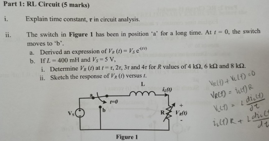 Solved Part 1: RL Circuit (5 marks) i. Explain time | Chegg.com