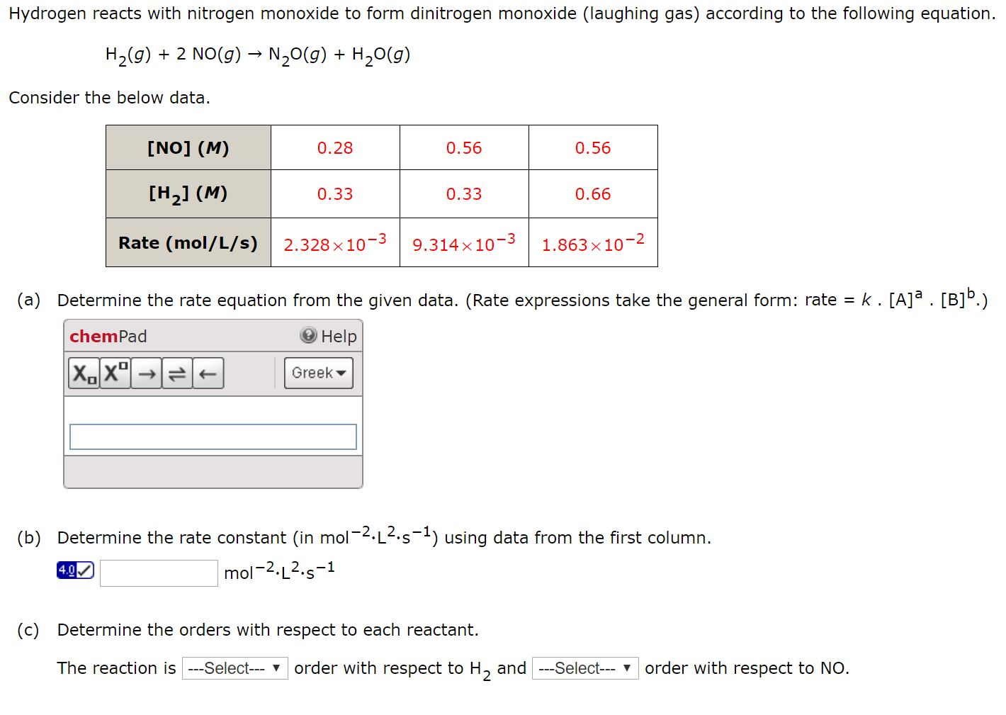 Solved Hydrogen reacts with nitrogen monoxide to form | Chegg.com