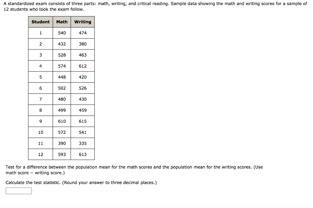 Solved A standardized exam consists of three parts: math, | Chegg.com