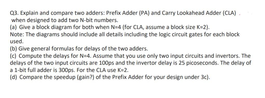 Solved Q3. Explain and compare two adders: Prefix Adder (PA) | Chegg.com
