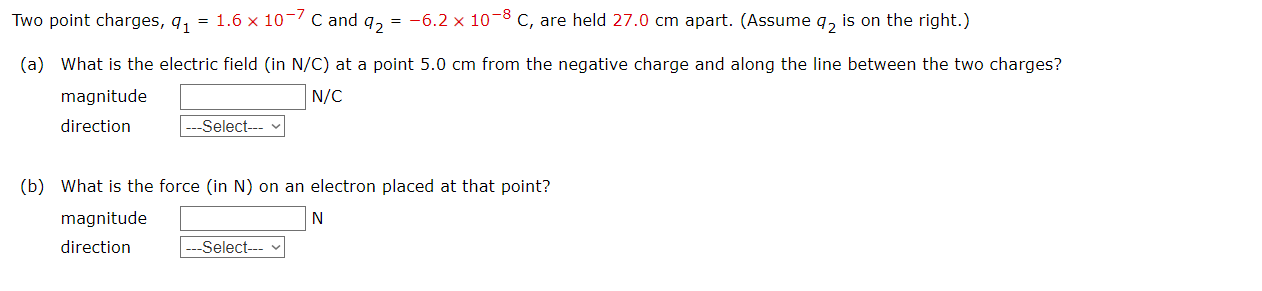 Solved Two point charges, q1=1.6×10−7C and q2=−6.2×10−8C, | Chegg.com