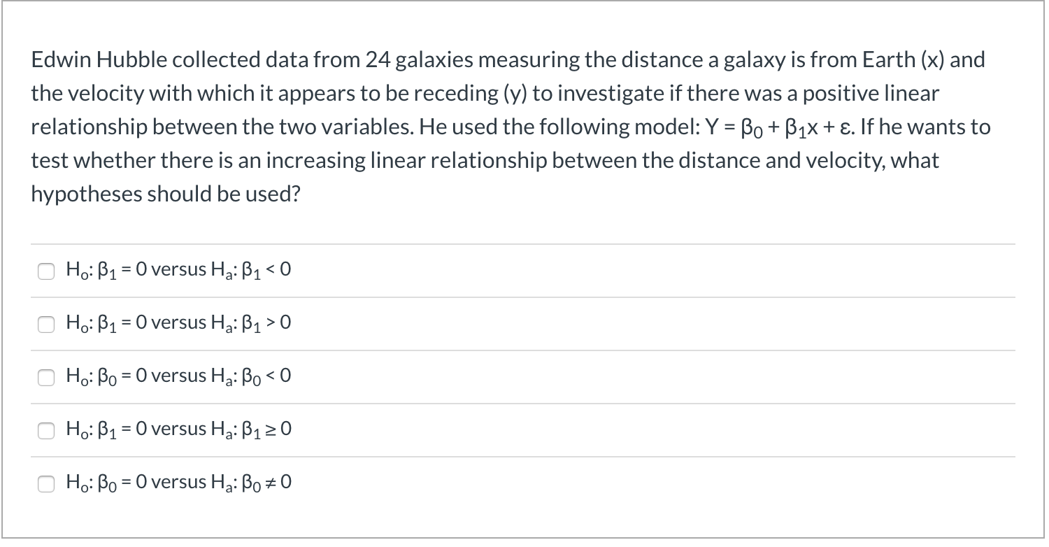 Solved Edwin Hubble collected data from 24 galaxies | Chegg.com