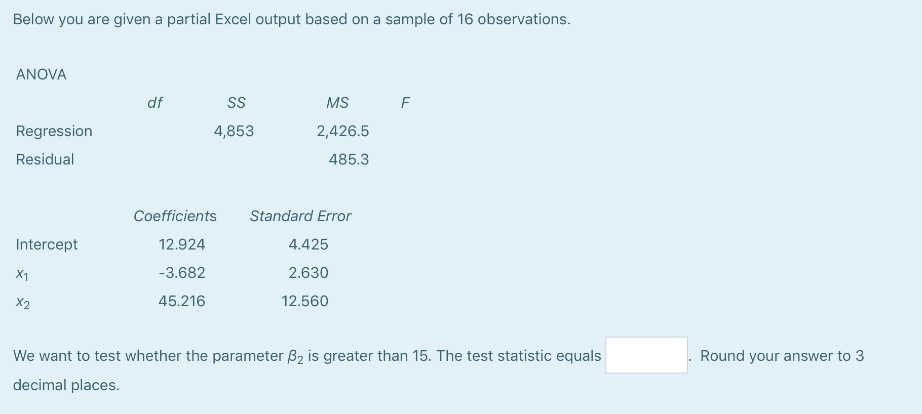 Solved Below you are given a partial Excel output based on a | Chegg.com