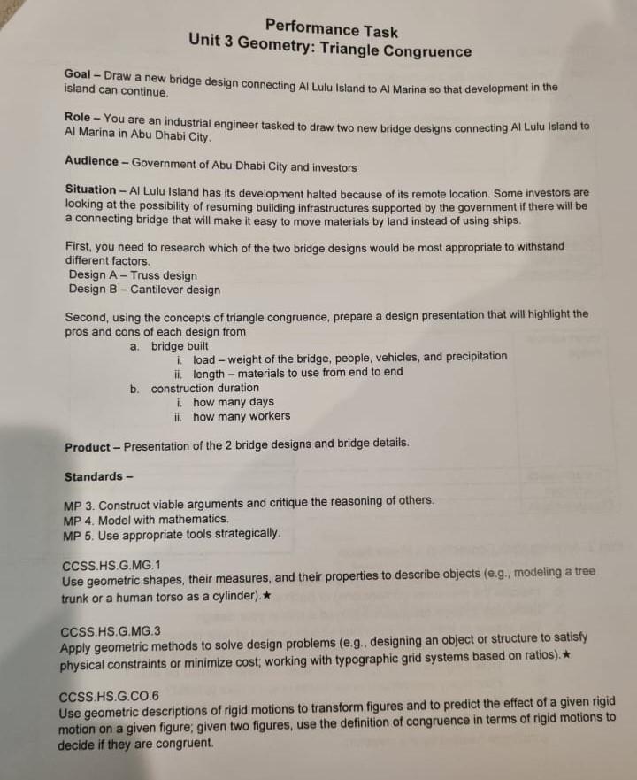 Solved Performance Task Unit 3 Geometry: Triangle Congruence | Chegg.com