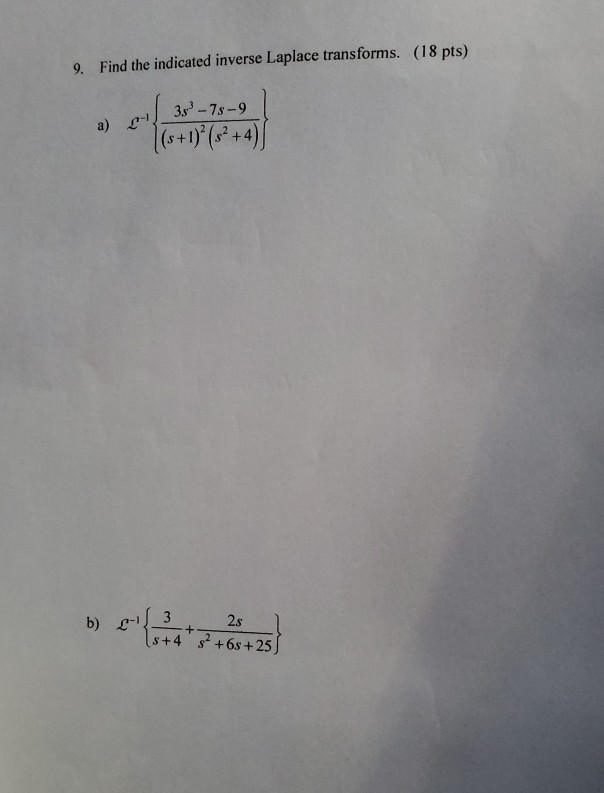 Solved 9. Find the indicated inverse Laplace transforms. (18 | Chegg.com