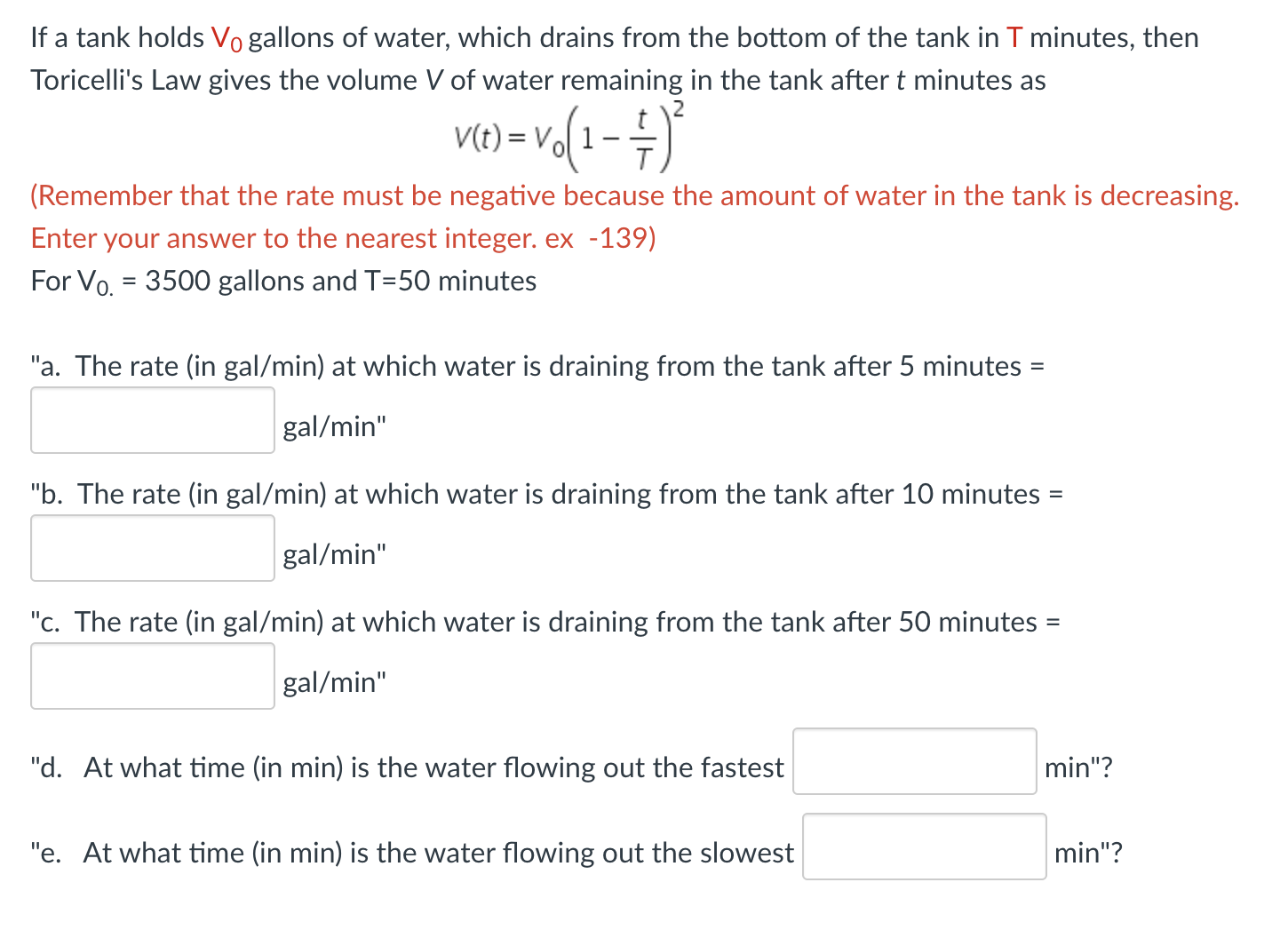 Solved If a tank holds V0 gallons of water, which drains | Chegg.com