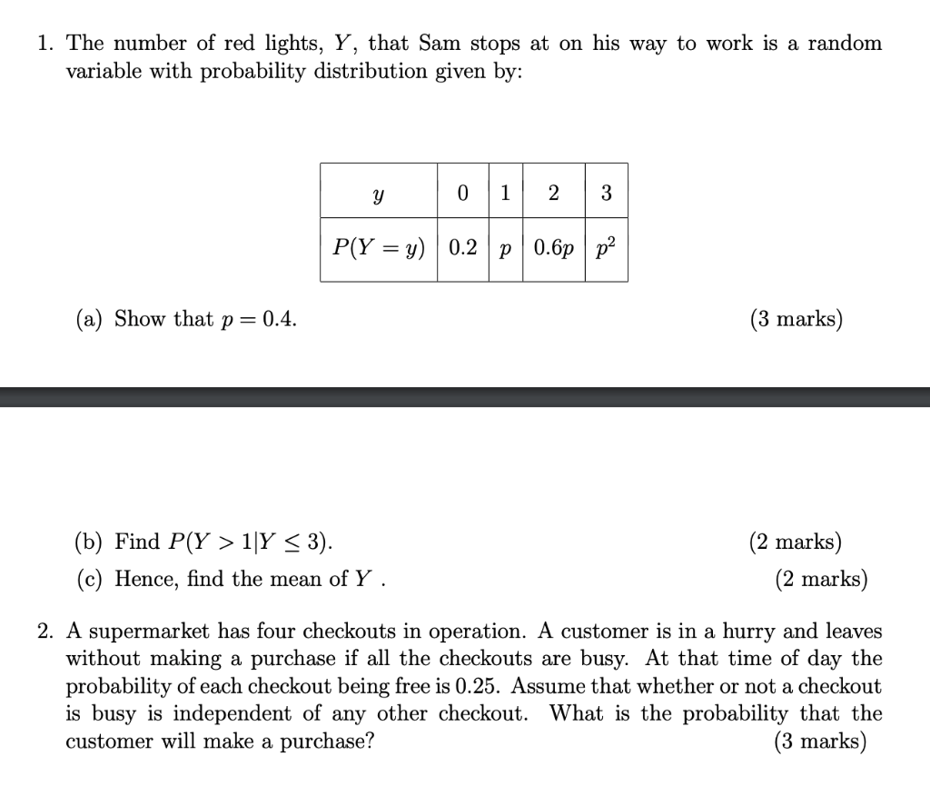 Solved 1. The number of red lights, Y, that Sam stops at on | Chegg.com