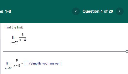 Solved Find the limit. limx→8+x−86 limx→8+x−86= | Chegg.com