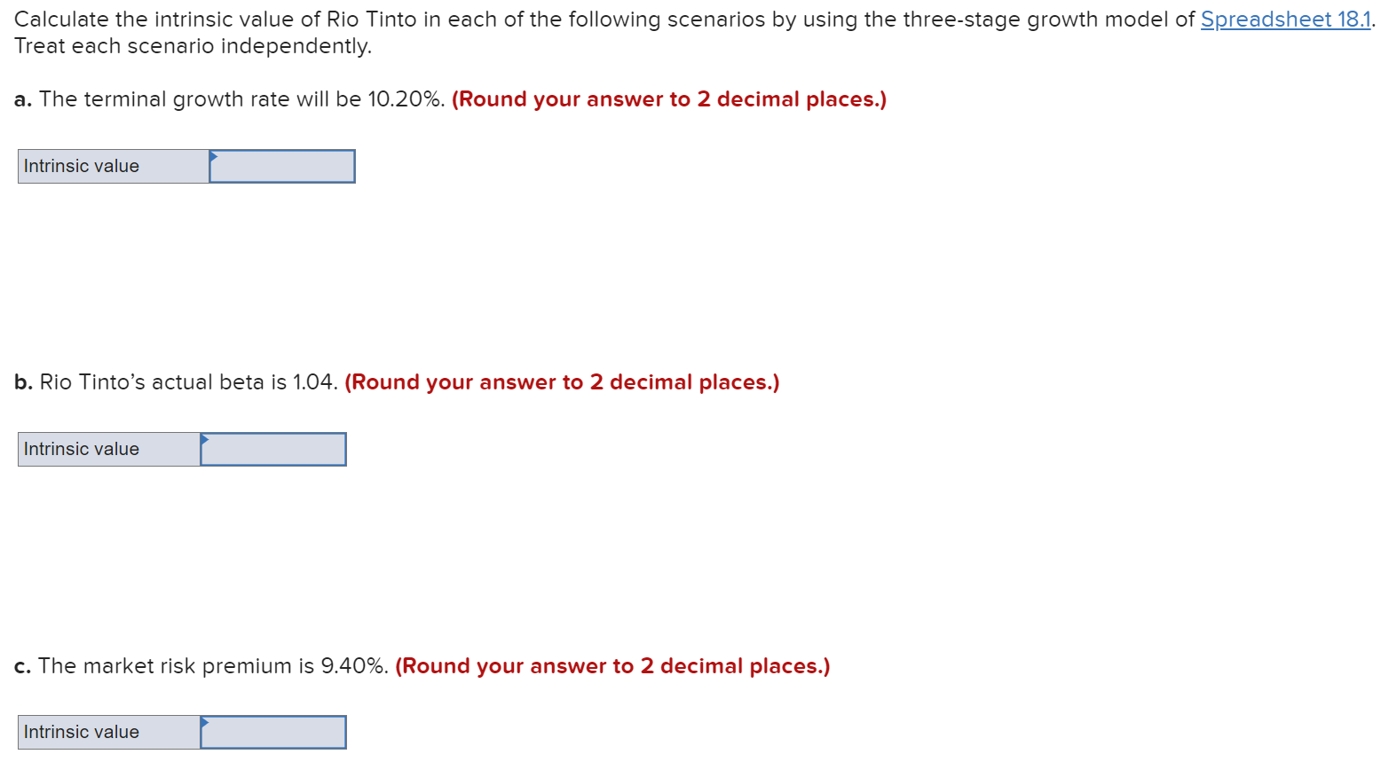 Solved Calculate the intrinsic value of Rio Tinto in each of | Chegg.com