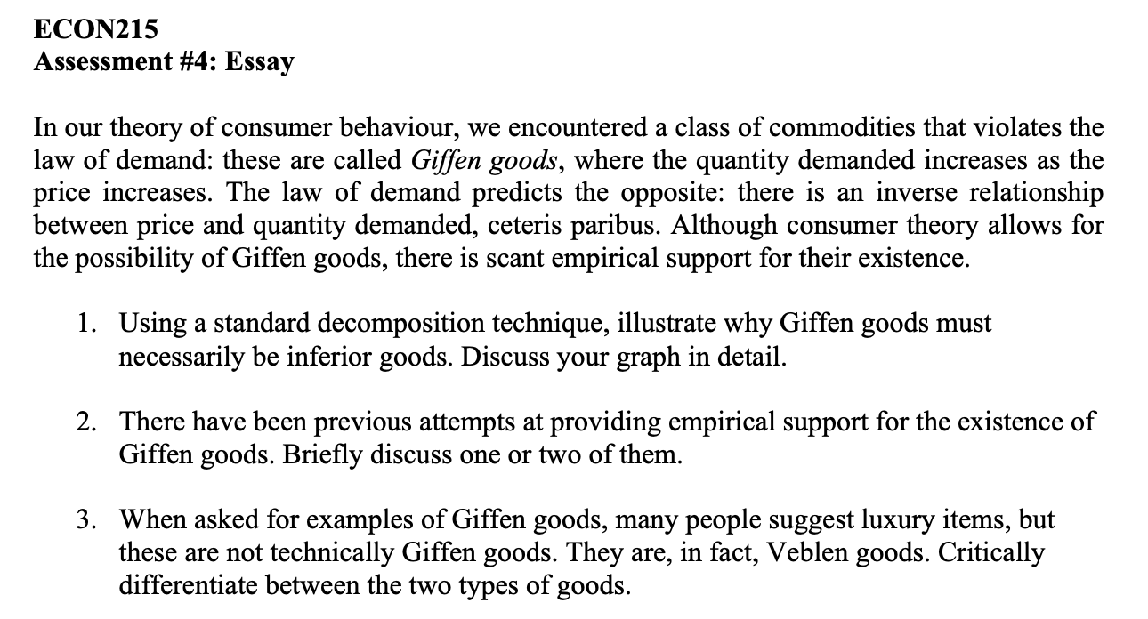 Solved In our theory of consumer behaviour, we encountered a | Chegg.com