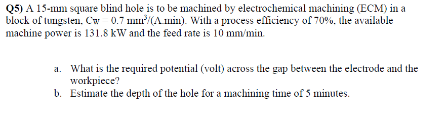 Solved Q5) A 15-mm square blind hole is to be machined by | Chegg.com