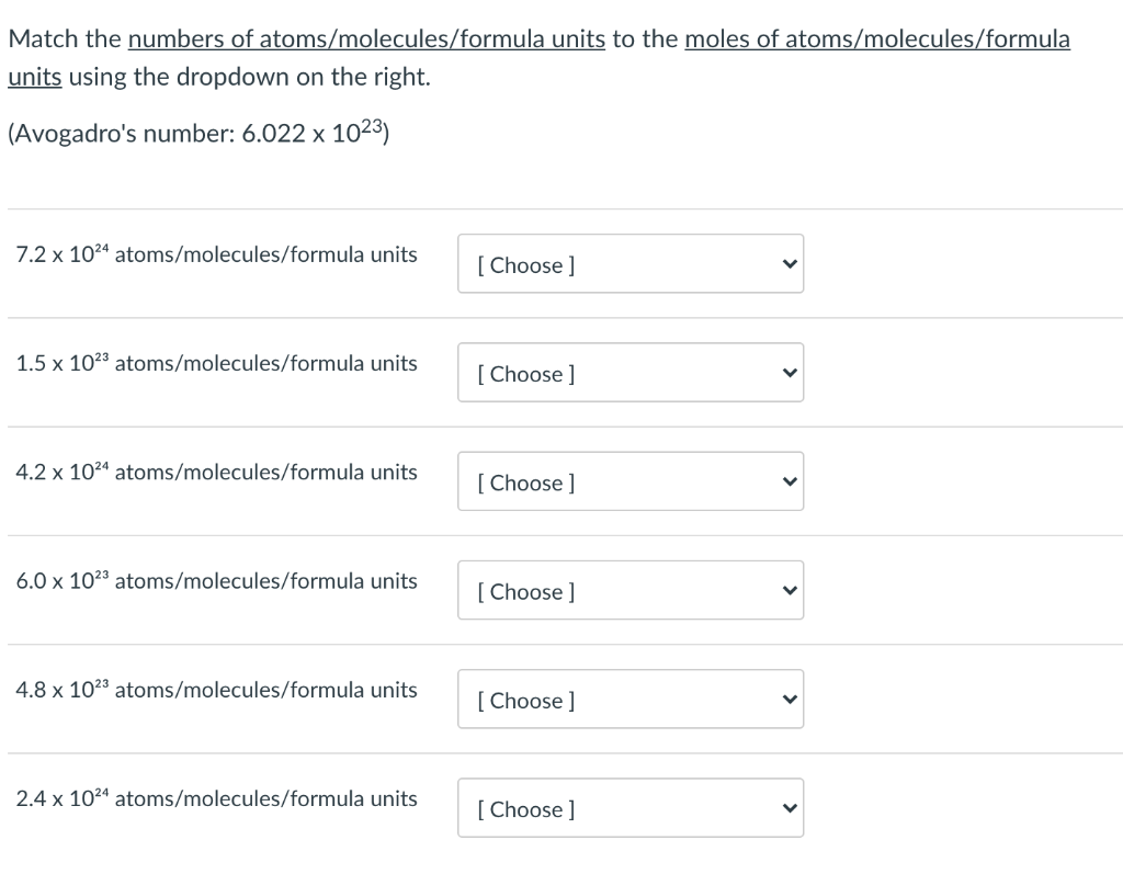 Solved Match the numbers of atoms/molecules/formula units to | Chegg.com