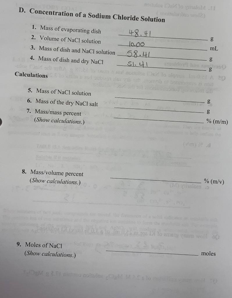 Solved D. Concentration of a Sodium Chloride Solution | Chegg.com