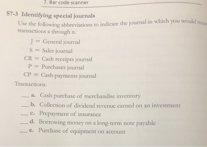 Solved 7. Bar code scanner S7-3 Identifying special journals | Chegg.com