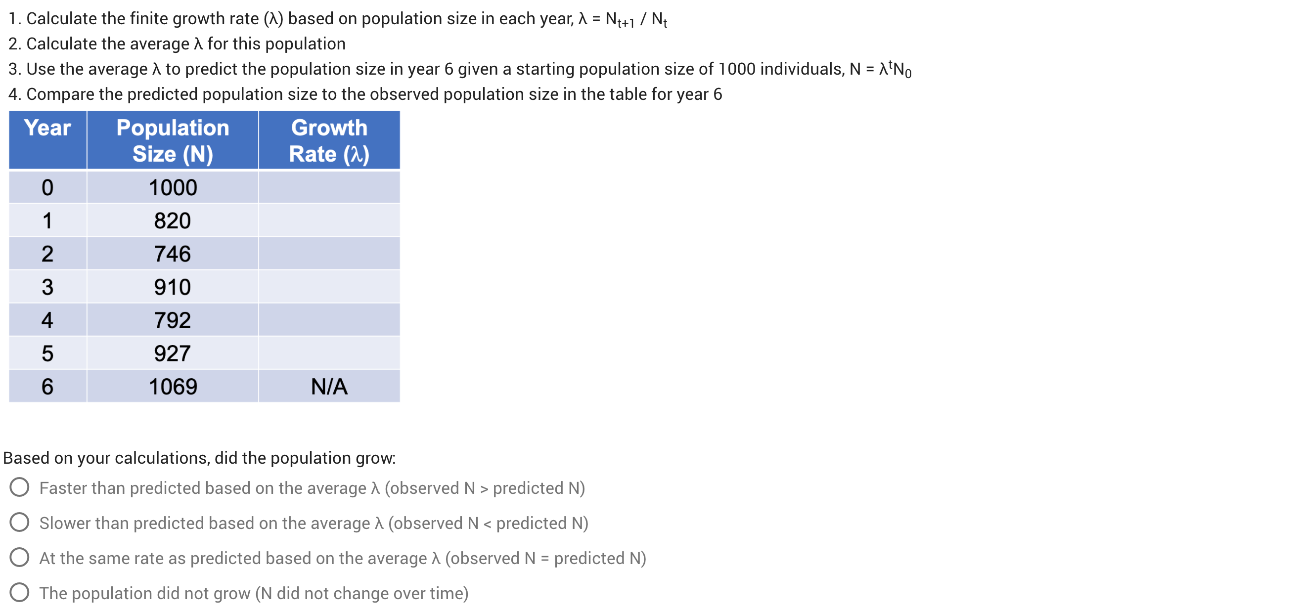 Solved 1. Calculate the finite growth rate (λ) based on | Chegg.com