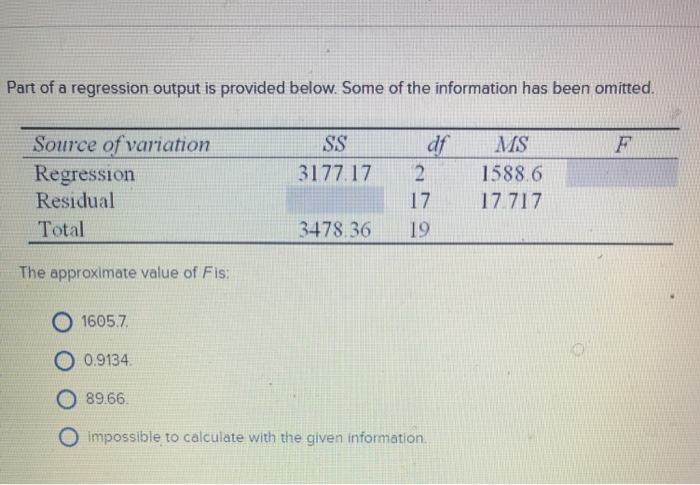 Solved Part of a regression output is provided below Some of | Chegg.com