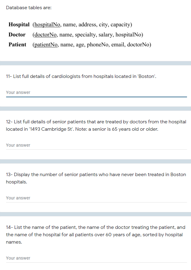 Solved Database tables are: Hospital (hospitalNo, name, | Chegg.com