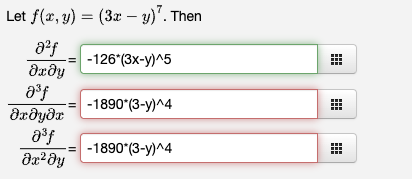 Solved Let f(x,y)=(3x−y)7. Then ∂x∂y∂2f=∂x∂y∂x∂3f=∂x2∂y∂3f= | Chegg.com