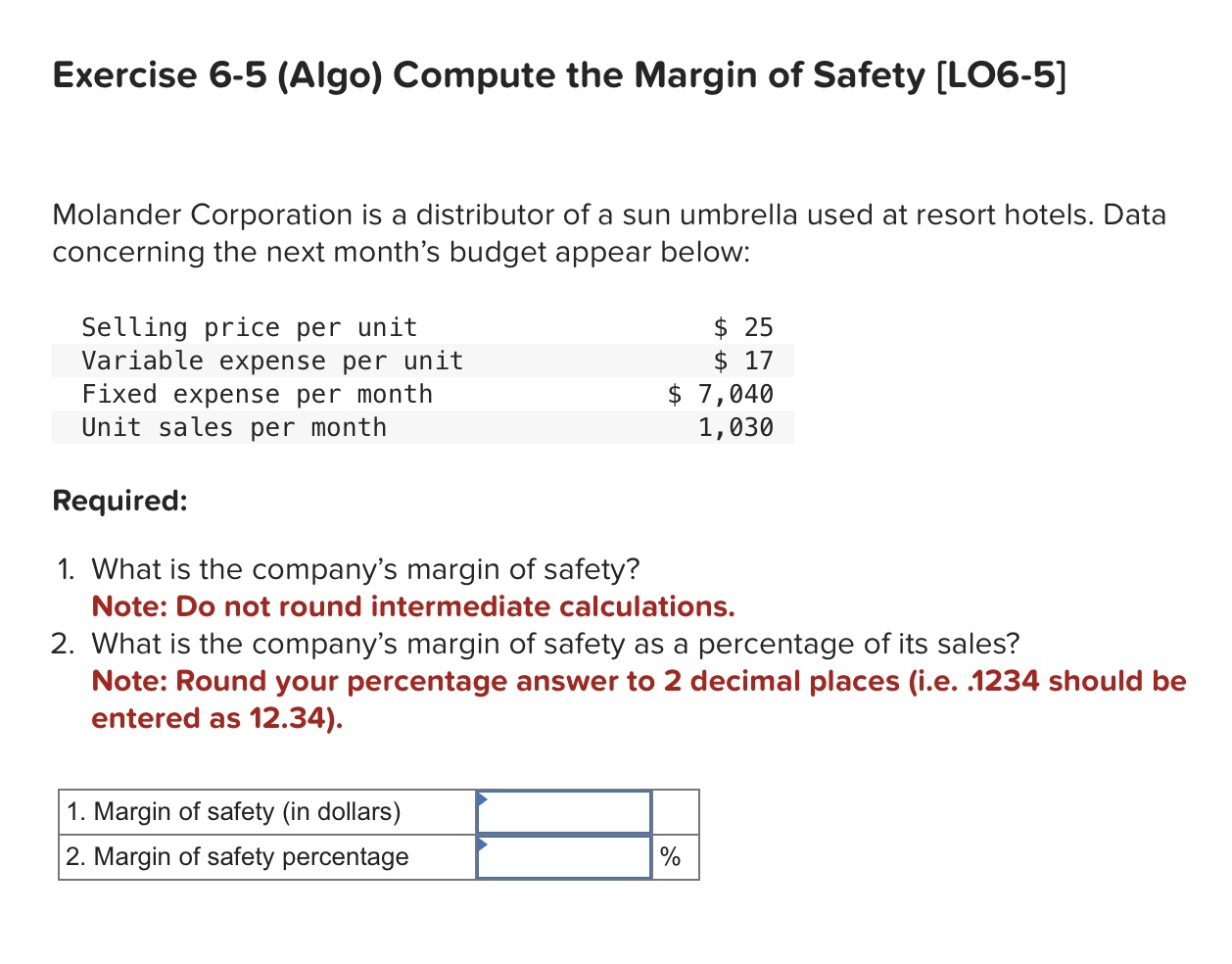 Solved Exercise 6-5 (Algo) ﻿Compute the Margin of Safety | Chegg.com