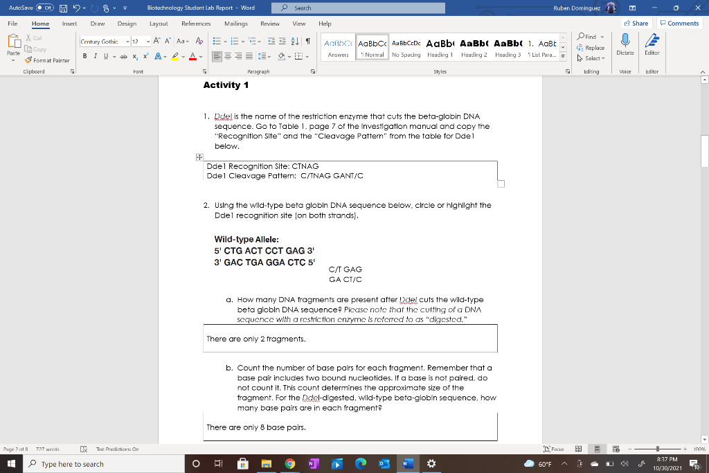 AutoSave On Biotechnology Student Lab Report - Word O | Chegg.com