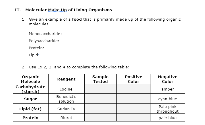 Solved III. Molecular Make Up of Living Organisms 1. Give an | Chegg.com