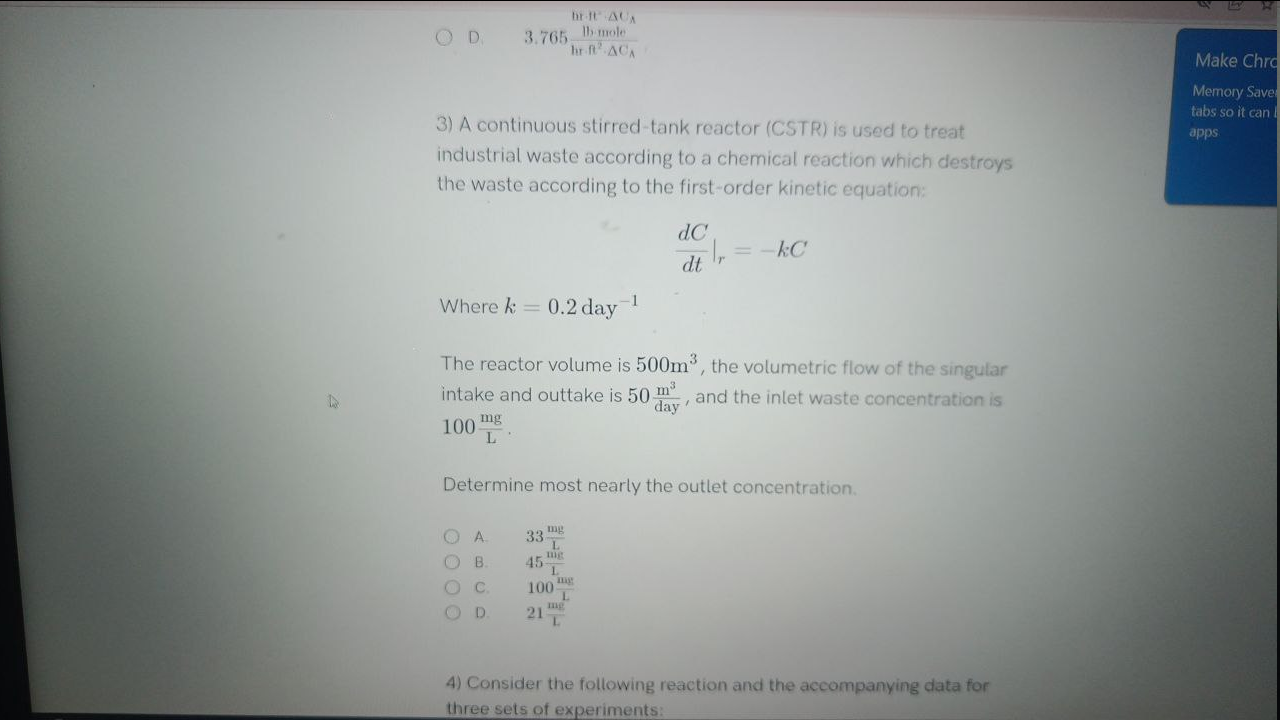 Solved 3) A continuous stirred-tank reactor (CSTR) is used | Chegg.com