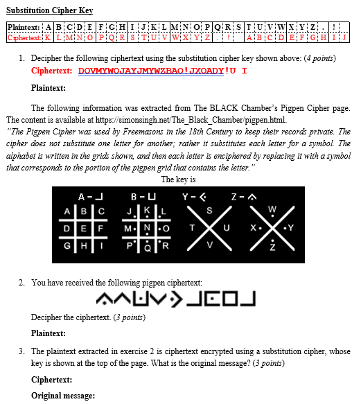 Solved Substitution Cipher Ke 1. Decipher the following | Chegg.com