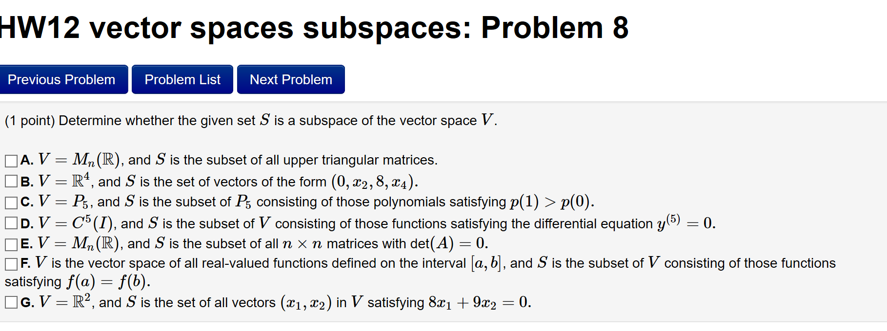 Solved HW12 vector spaces subspaces: Problem 8 Previous | Chegg.com