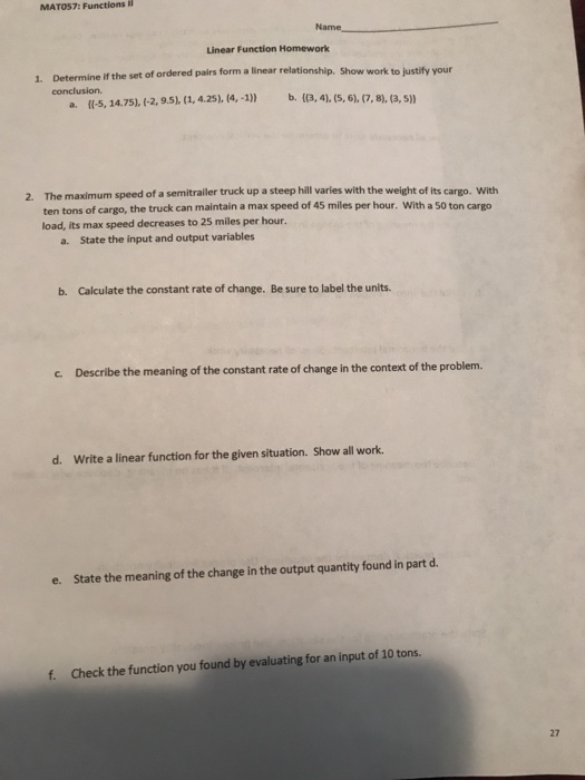 Solved MATO57: Functions i Name Linear Function Homework | Chegg.com
