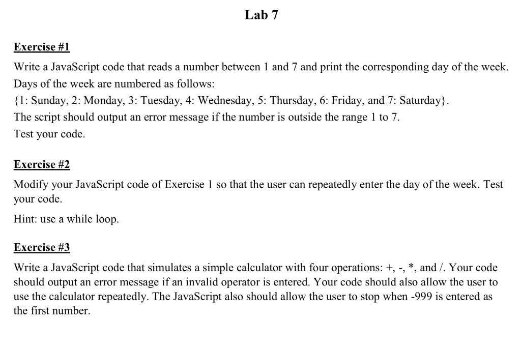 Solved Lab 7 Exercise #1 Write a JavaScript code that reads | Chegg.com