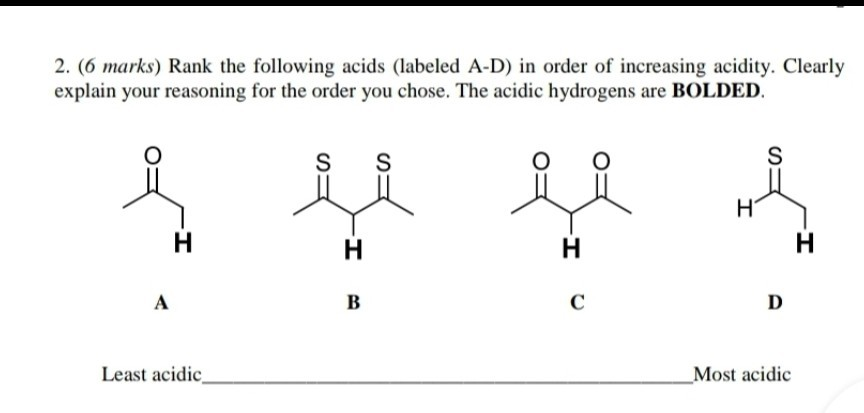 Solved 2. (6 marks) Rank the following acids (labeled A-D) | Chegg.com
