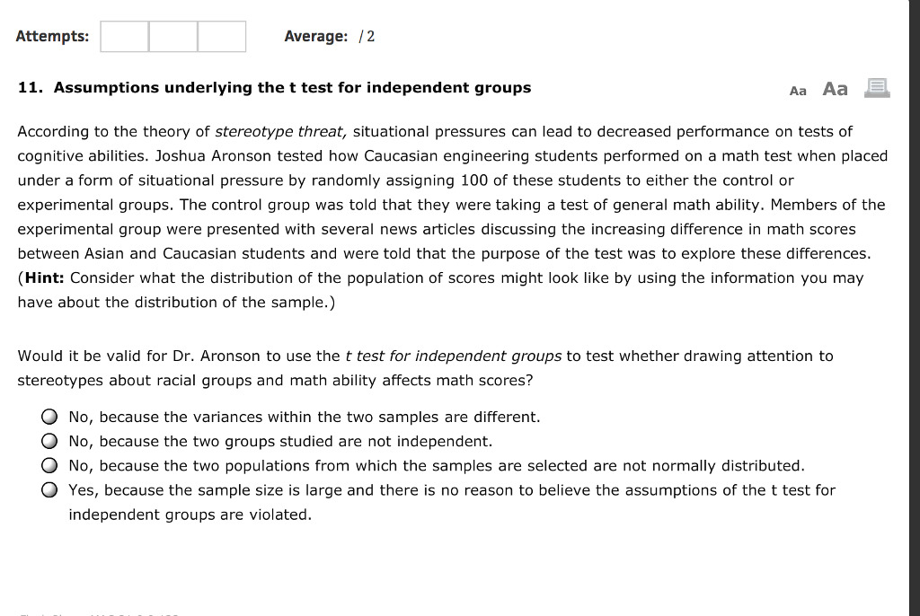 Solved Attempts: Average: /2 11. Assumptions underlying the | Chegg.com Solved Attempts: Average: /2 11. Assumptions underlying the | Chegg.com