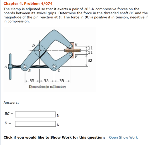 Solved Chapter 4, Problem 4/074 The clamp is adjusted so | Chegg.com