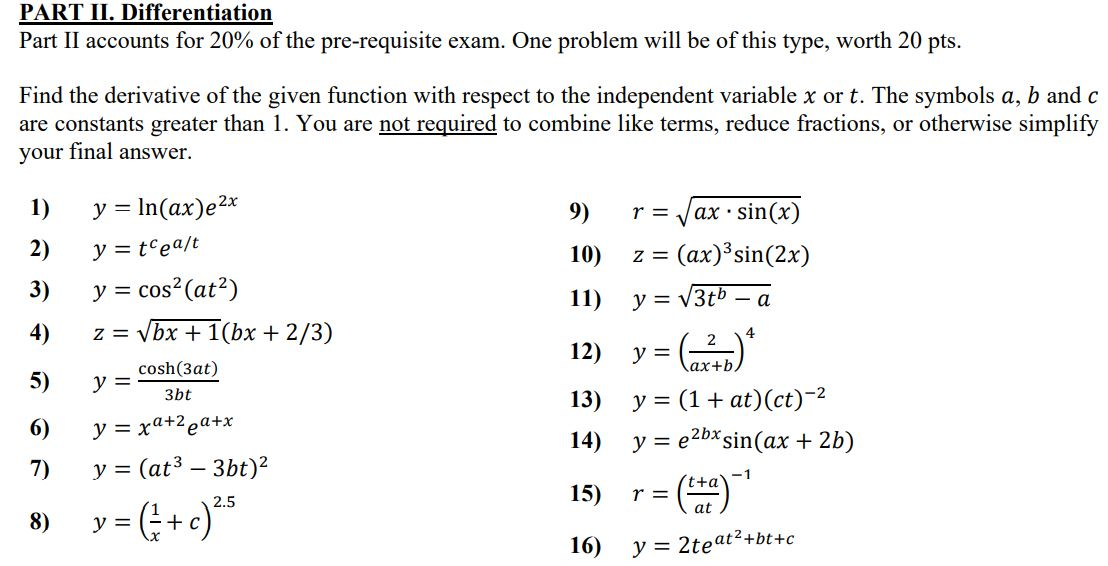 Solved PART II. Differentiation Part II accounts for 20% of | Chegg.com