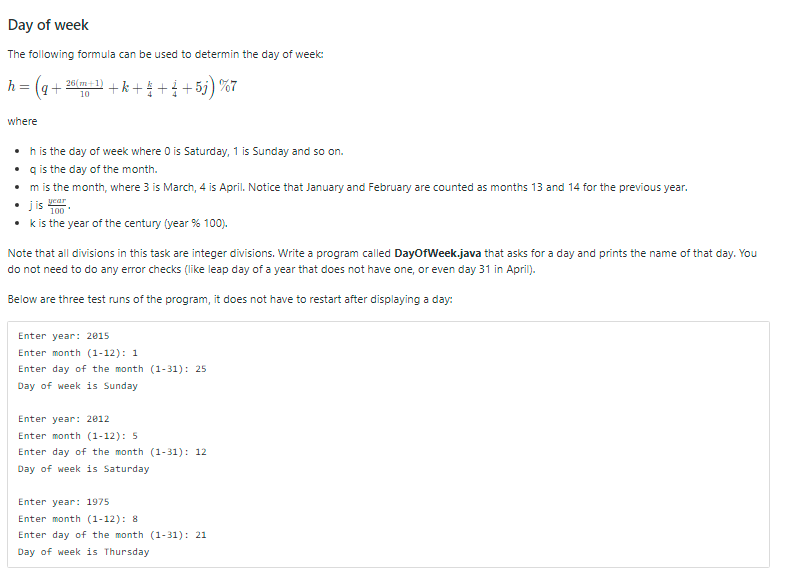 Solved Day of week The following formula can be used to | Chegg.com
