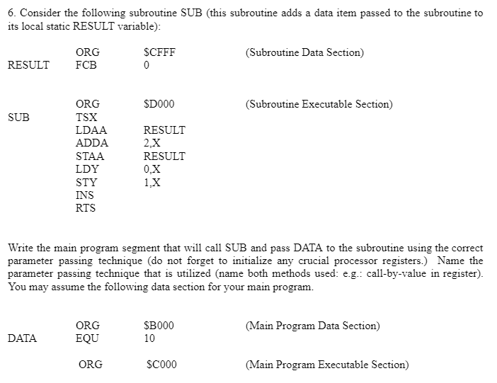 6. Consider the following subroutine SUB (this | Chegg.com