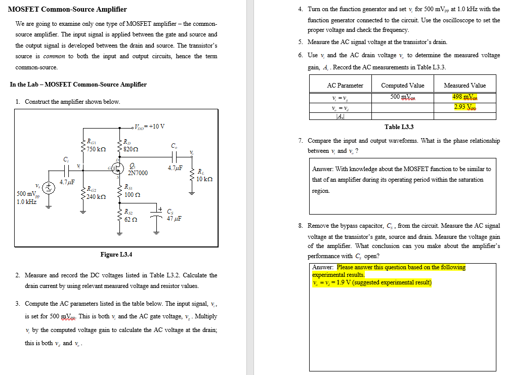 Lab 3 - MOSFET Amplifier In the Lab – MOSFET circuit | Chegg.com