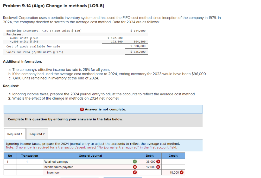 Solved Problem 9-14 (Algo) ﻿Change in methods | Chegg.com